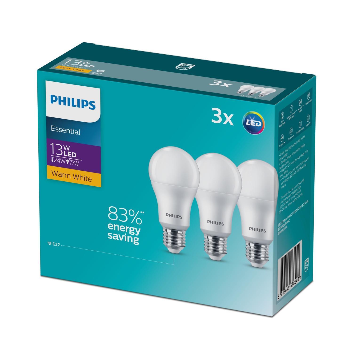 Philips | LED Bulb 13 Watt 1350 Lumen E27 Warm White 3 Pack Frosted ...