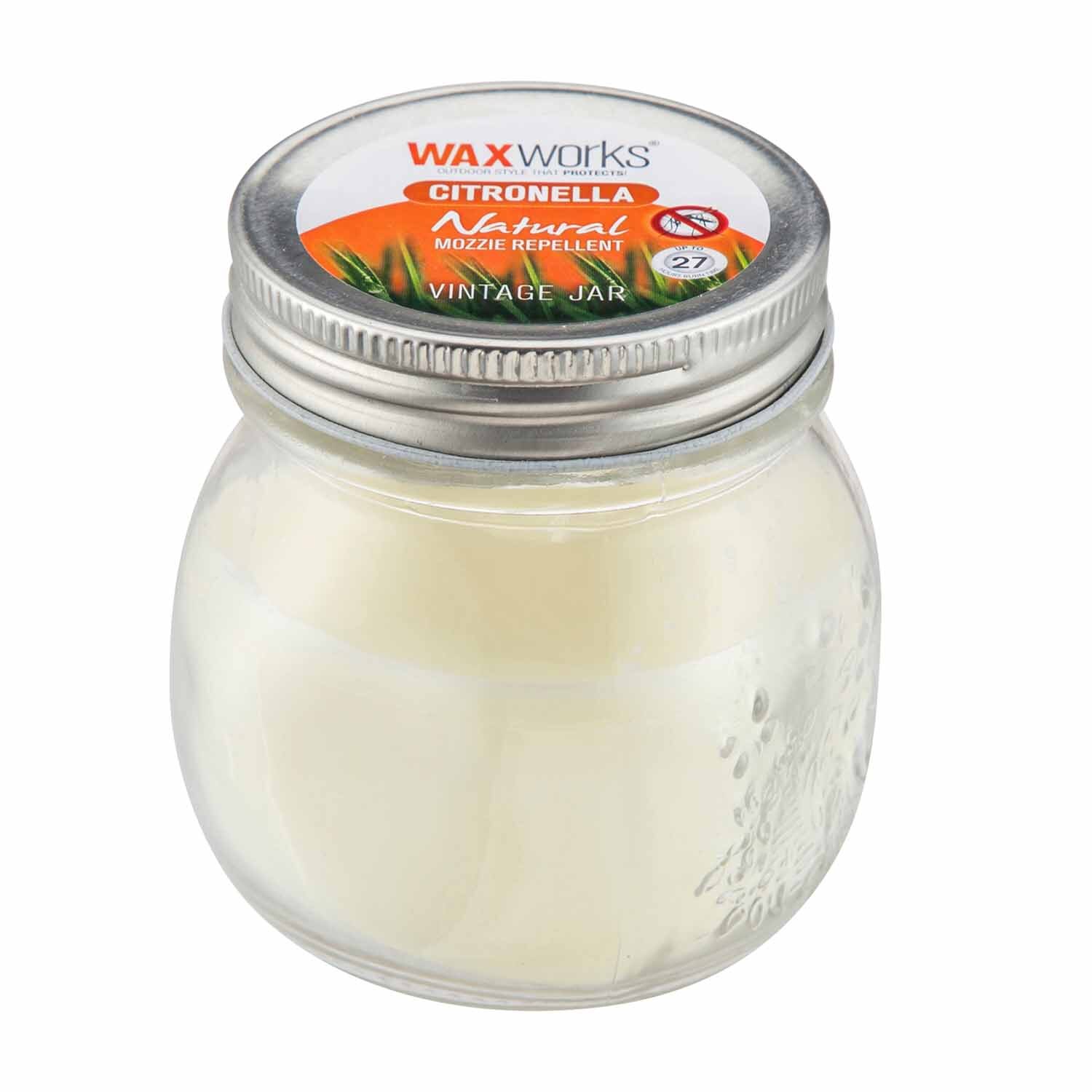 Waxworks | Citronella Vintage Jam Jar Candle H: 45mm, Dia: 105mm. | Mitre10